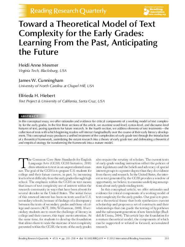 (PDF) Toward a Theoretical Model of Text Complexity for the Early Grades: Learning From the Past ...