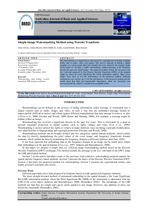 (PDF) Simple Image Watermarking Method using Wavelet Transform