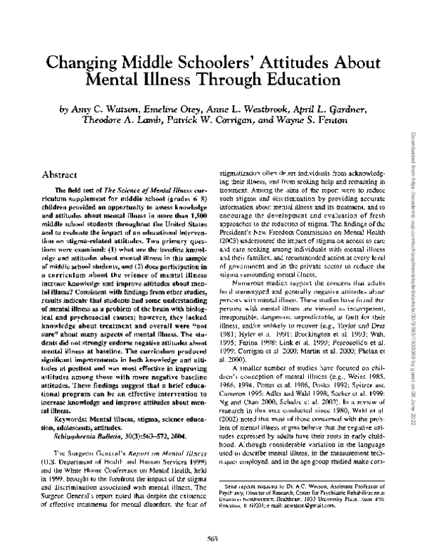 (PDF) Changing Middle Schoolers' Attitudes About Mental Illness Through ...