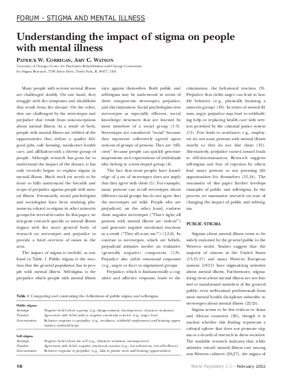 (PDF) Understanding the impact of stigma on people with mental illness