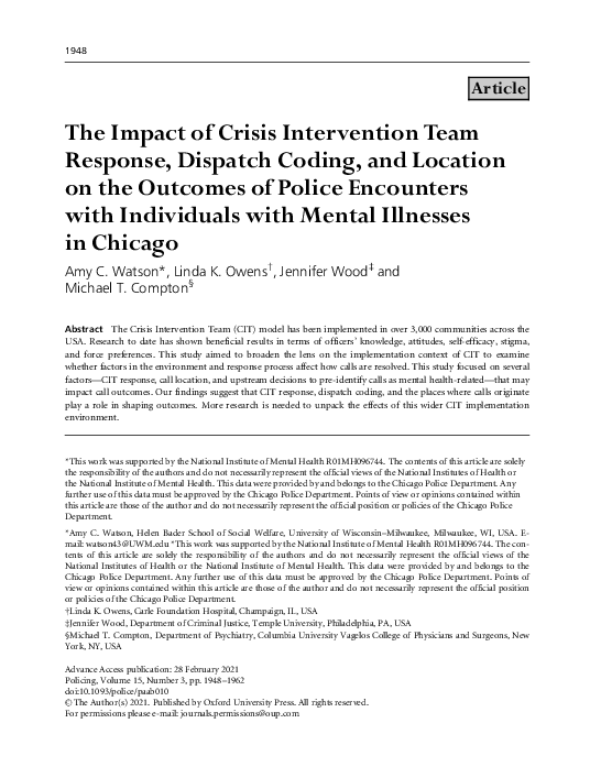 (PDF) The Impact of Crisis Intervention Team Response, Dispatch Coding ...
