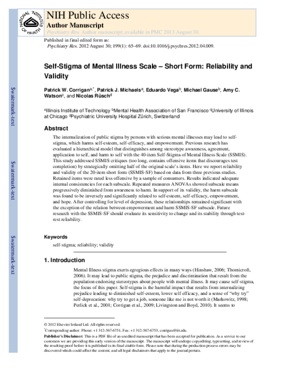 (PDF) Self-stigma of mental illness scale—short form: Reliability and validity