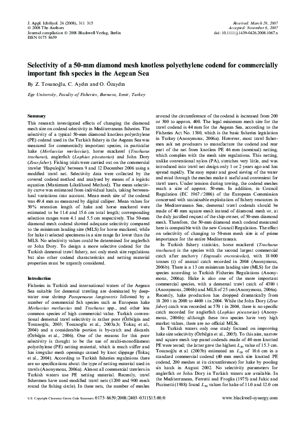 Selectivity of a 50-mm diamond mesh knotless polyethylene codend for ...