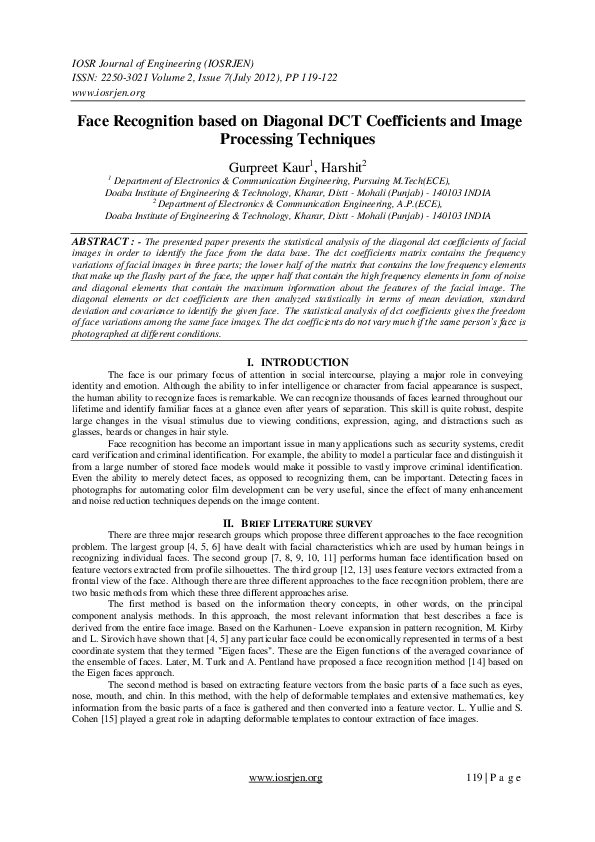 (PDF) Face Recognition based on Diagonal DCT Coefficients and Image Processing Techniques