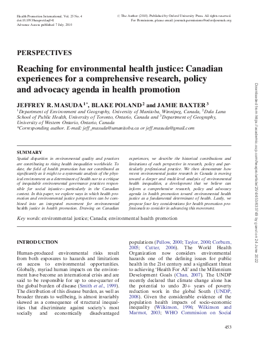 (PDF) Reaching for environmental health justice: Canadian experiences ...