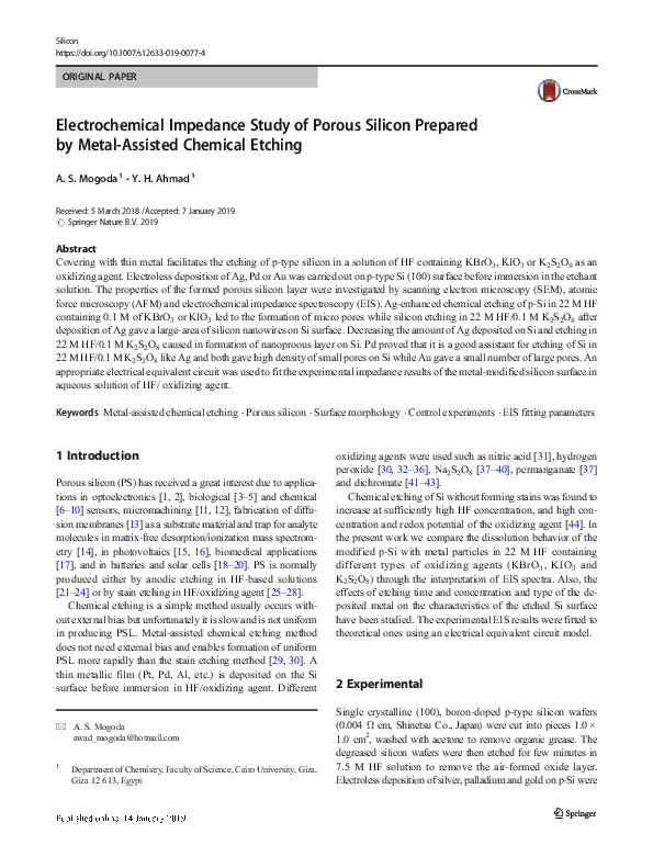 (PDF) Electrochemical Impedance Study of Porous Silicon Prepared by Metal-Assisted Chemical Etching