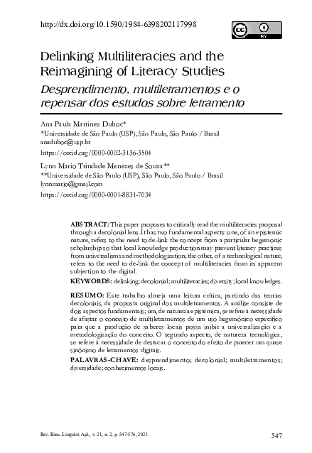 (PDF) Delinking Multiliteracies and the Reimagining of Literacy Studies ...