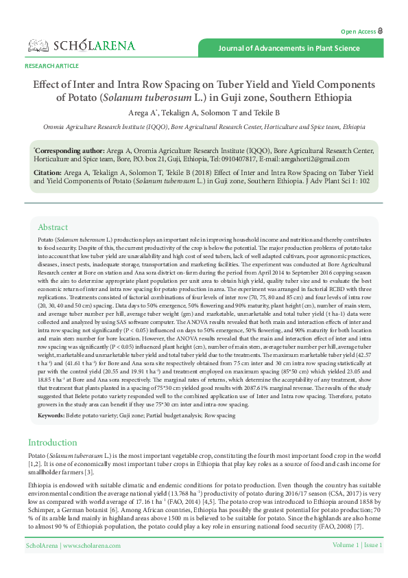 (PDF) Effect of Inter and Intra Row Spacing on Tuber Yield and Yield Components of Potato ...