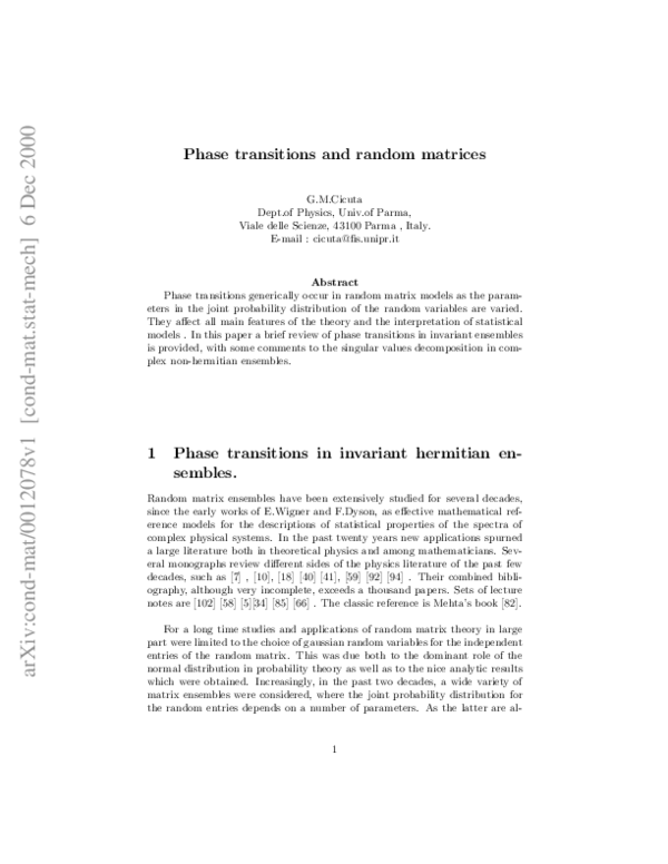 (PDF) Phase transitions and random matrices