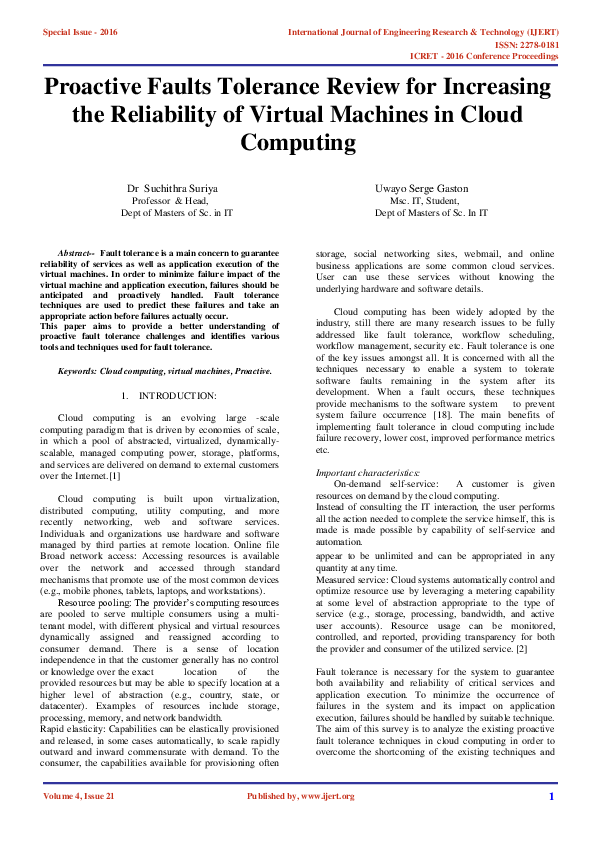 (PDF) Proactive Faults Tolerance Review for Increasing the Reliability of Virtual Machines in ...
