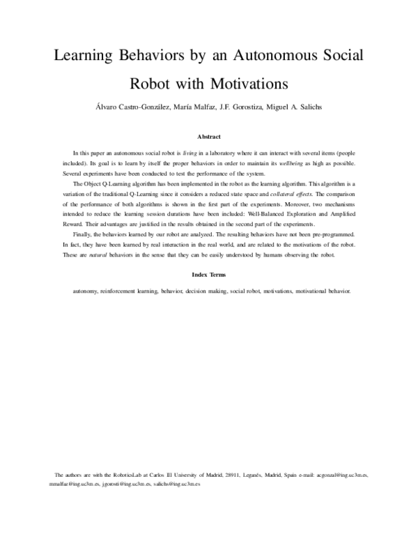 (PDF) Learning Behaviors by an Autonomous Social Robot with Motivations | Álvaro González ...