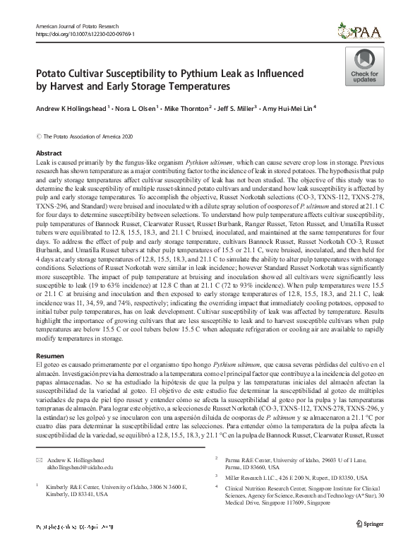 (PDF) Potato Cultivar Susceptibility to Pythium Leak as Influenced by ...