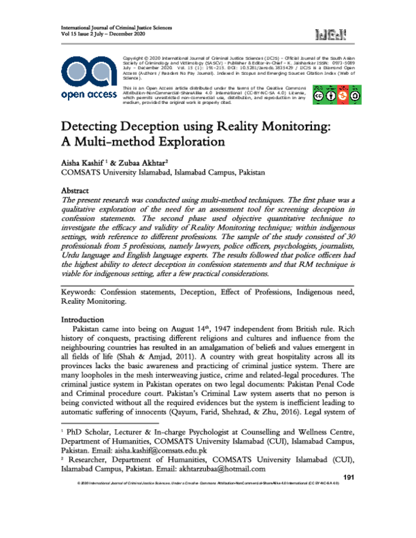 (PDF) Detecting Deception using Reality Monitoring: A Multi-method ...