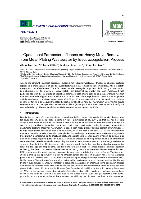 (PDF) Operational Parameter Influence on Heavy Metal Removal from Metal Plating Wastewater by ...