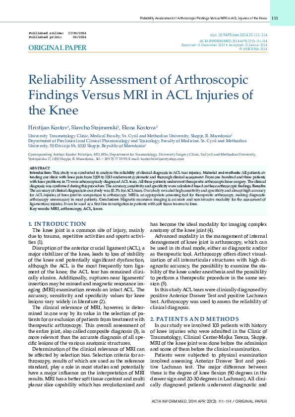 (PDF) Reliability Assessment of Arthroscopic Findings Versus MRI in ACL ...