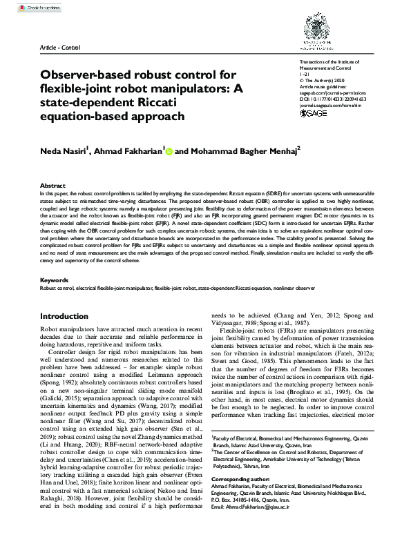 (PDF) Observer-based robust control for flexible-joint robot ...