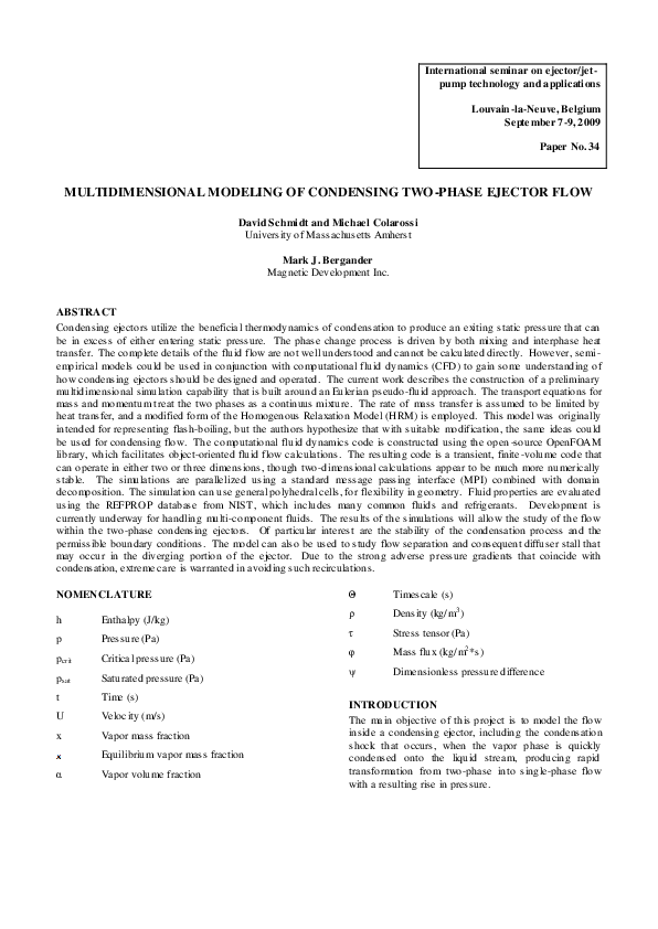 (PDF) Multidimensional modeling of condensing two-phase ejector flow | David Schmidt - Academia.edu