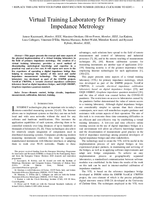 (PDF) Virtual Training Laboratory for Primary Impedance Metrology
