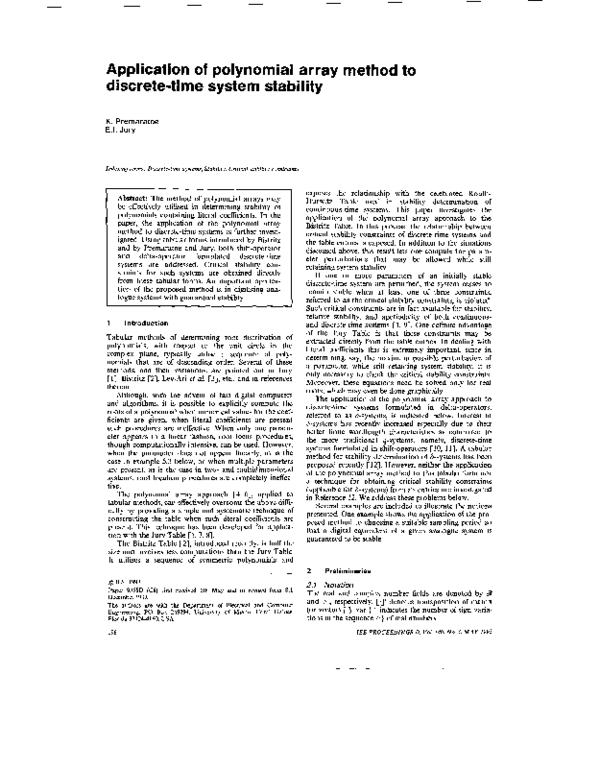 (PDF) Application of polynomial array method to discrete-time system stability
