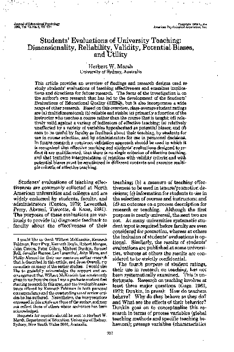 (PDF) Students' evaluations of university teaching: Dimensionality, reliability, validity ...