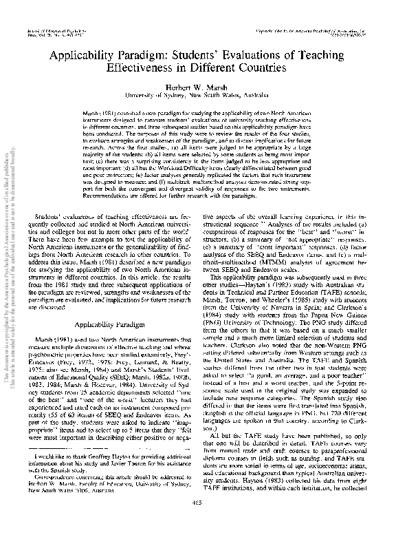 (PDF) Applicability paradigm: Students' evaluations of teaching effectiveness in different countries