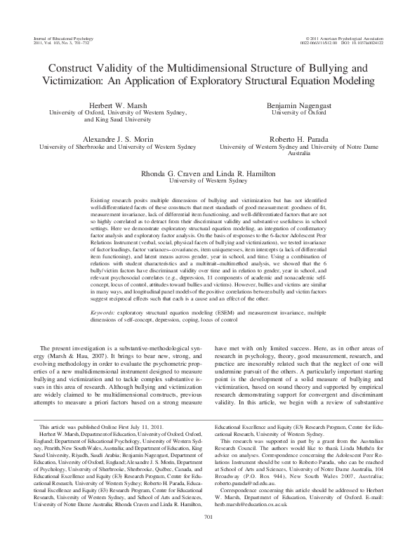 (PDF) Construct validity of the multidimensional structure of bullying and victimization: An ...