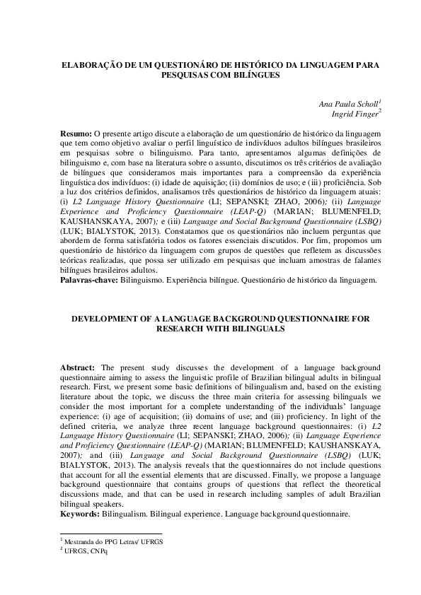 (PDF) Development of language background questionnaire for research ...