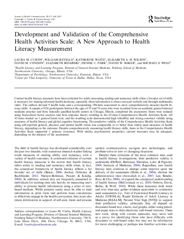 (PDF) Development and Validation of the Comprehensive Health Activities ...