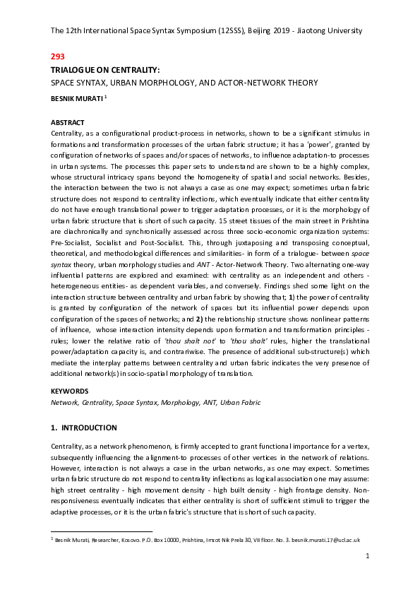 (PDF) Trialogue on Centrality: Space Syntax, Urban Morphology, and Actor-Network Theory