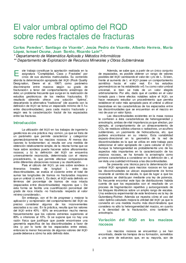 (PDF) El valor umbral optimo del RQD sobre redes fractales de fracturas