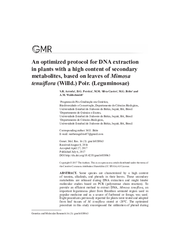 (PDF) An optimized protocol for DNA extraction in plants with a high content of secondary ...