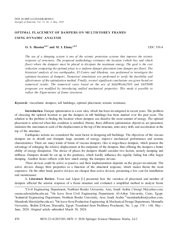 (PDF) Optimal Placement of Dampers on Multistorey Frames Using Dynamic Analysis