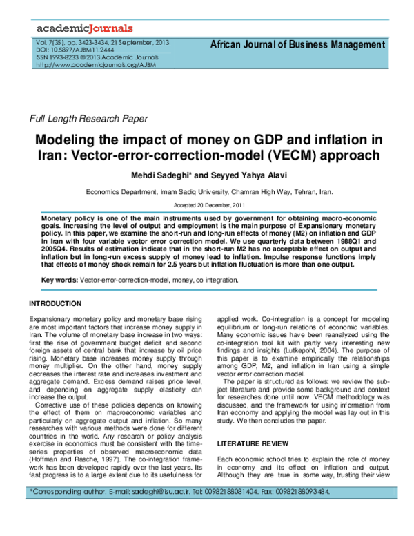 Pdf Modeling The Impact Of Money On Gdp And Inflation In Iran Vector Error Correction Model