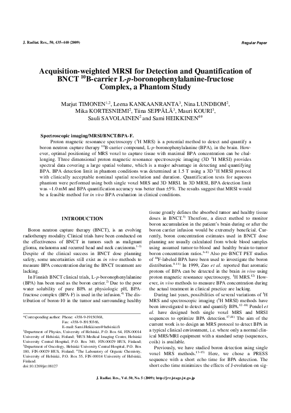 (PDF) Acquisition-weighted MRSI for Detection and Quantification of BNCT 10B-carrier L-p ...