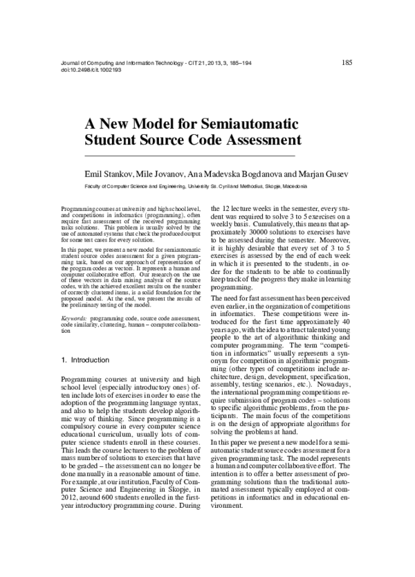 (PDF) A New Model for Semiautomatic Student Source Code Assessment