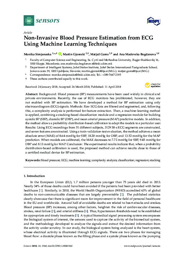 (PDF) Non-Invasive Blood Pressure Estimation from ECG Using Machine Learning Techniques