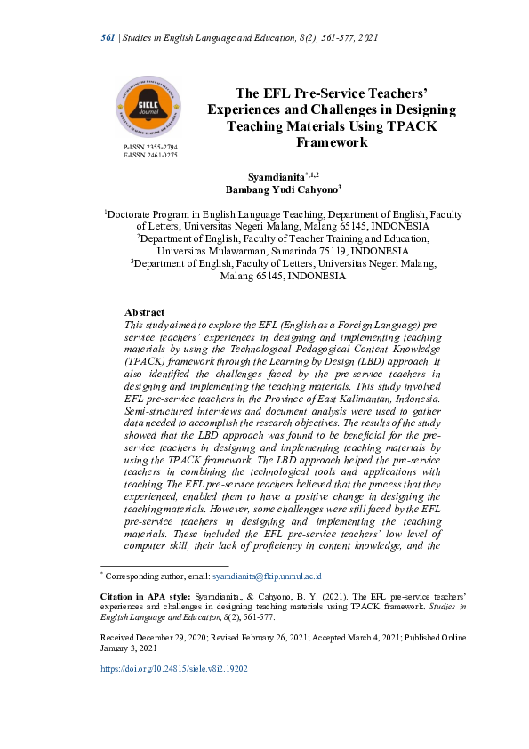 (PDF) The EFL pre-service teachers' experiences and challenges in designing teaching materials ...