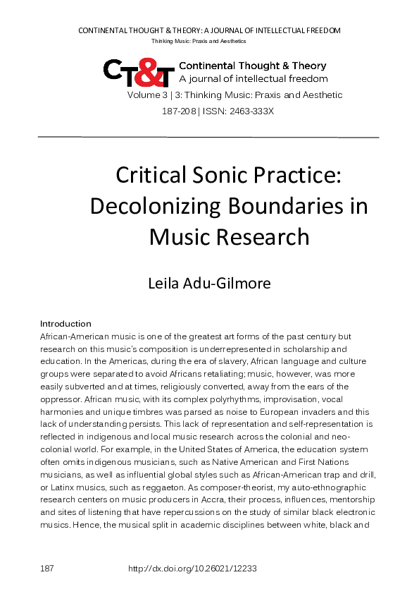 (PDF) Critical Sonic Practice: Decolonizing Boundaries in Music Research