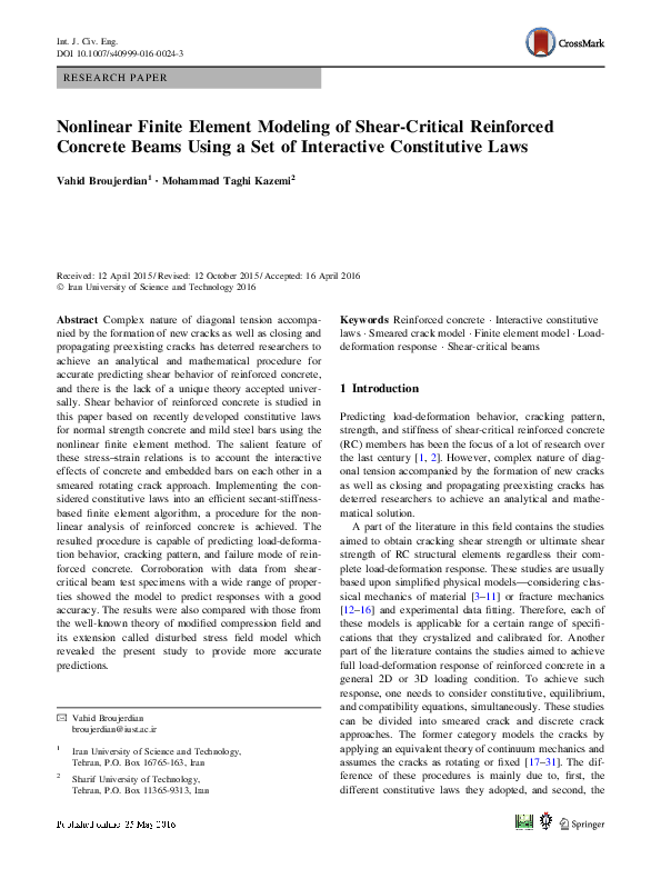 Pdf Nonlinear Finite Element Modeling Of Shear Critical Reinforced