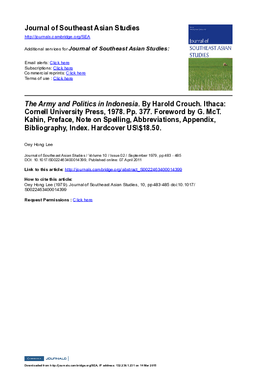 (PDF) The Army and Politics in Indonesia. By Harold Crouch. (Ithaca, N ...