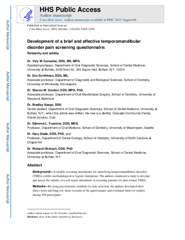 (PDF) Development of a brief and effective temporomandibular disorder ...