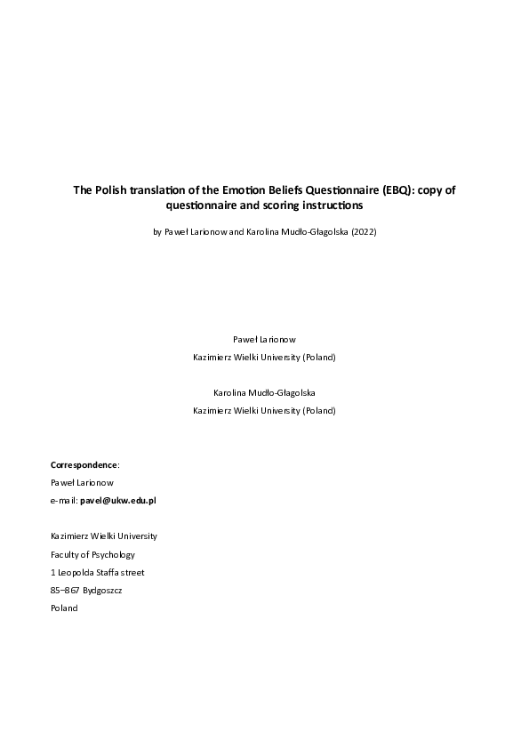 (PDF) The Polish translation of the Emotion Beliefs Questionnaire (EBQ ...