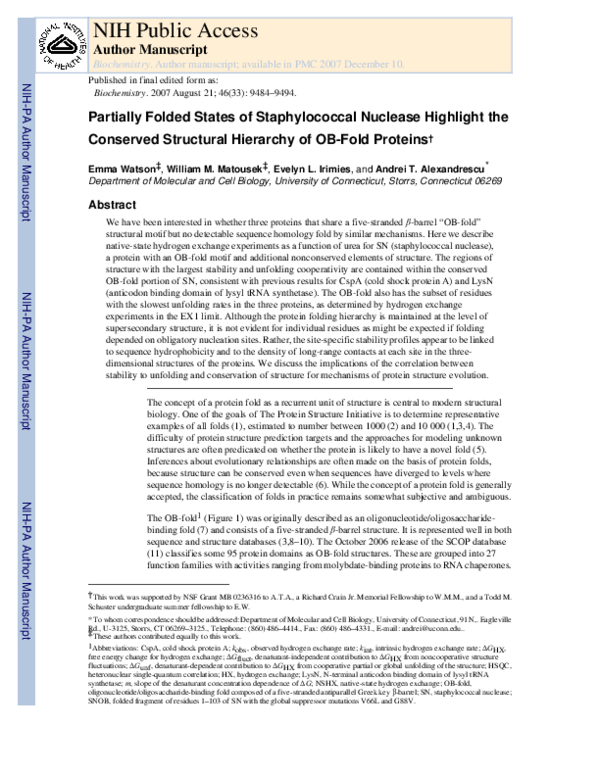 (PDF) Partially Folded States of Staphylococcal Nuclease Highlight the ...