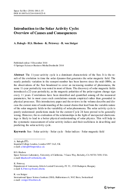 (PDF) Introduction to the Solar Activity Cycle: Overview of Causes and ...