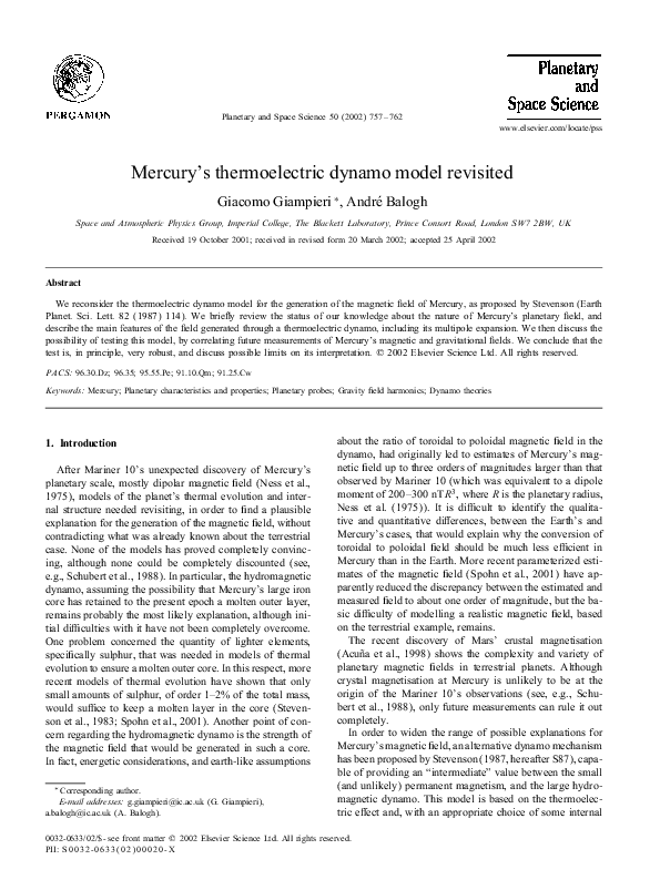 (PDF) Mercury's thermoelectric dynamo model revisited
