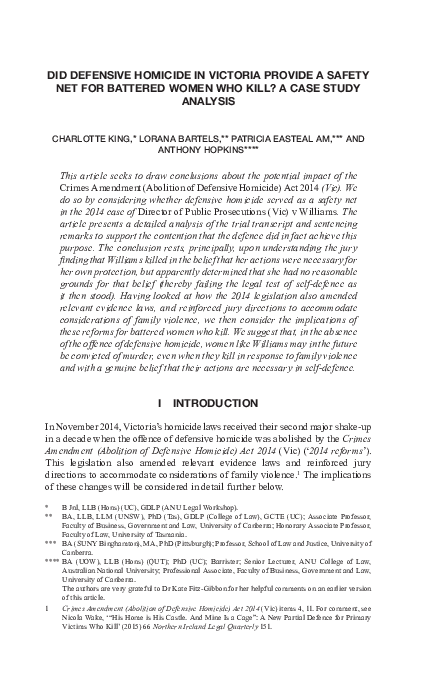 (PDF) DID DEFENSIVE HOMICIDE IN VICTORIA PROVIDE A SAFETY NET FOR ...
