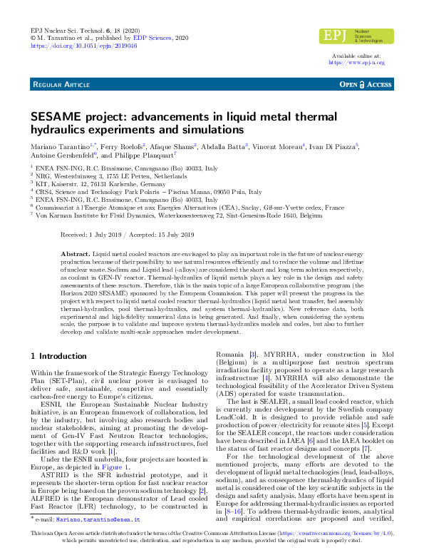 (PDF) SESAME project: advancements in liquid metal thermal hydraulics ...
