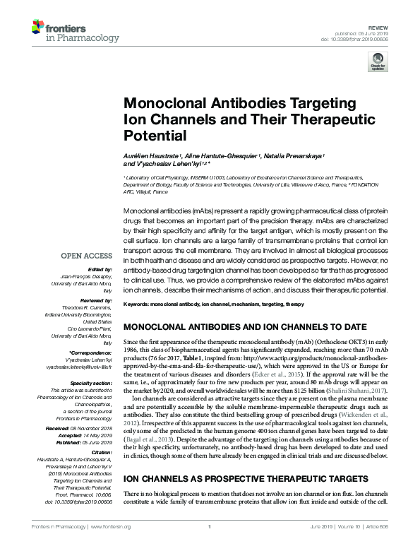 (PDF) Monoclonal Antibodies Targeting Ion Channels and Their ...