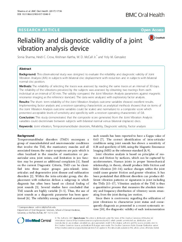 Pdf Reliability And Diagnostic Validity Of A Joint Vibration Analysis