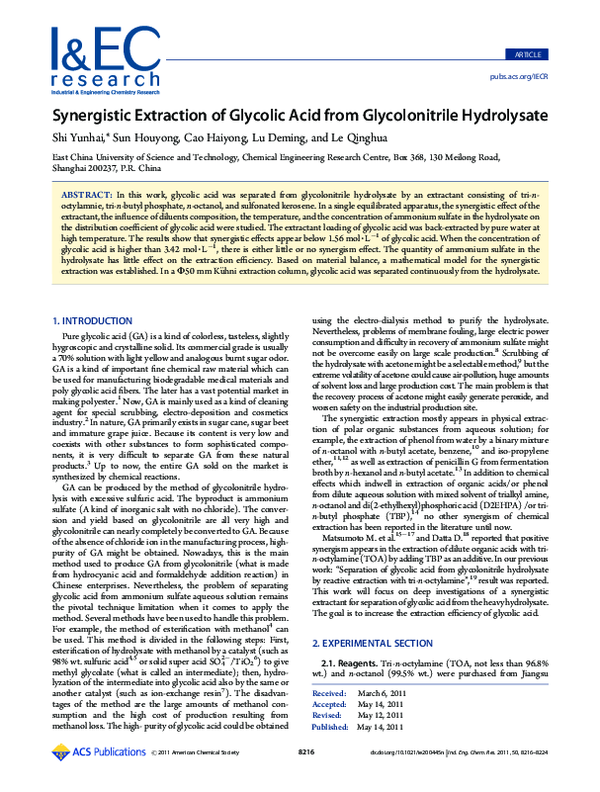 (PDF) Synergistic Extraction of Glycolic Acid from Glycolonitrile ...